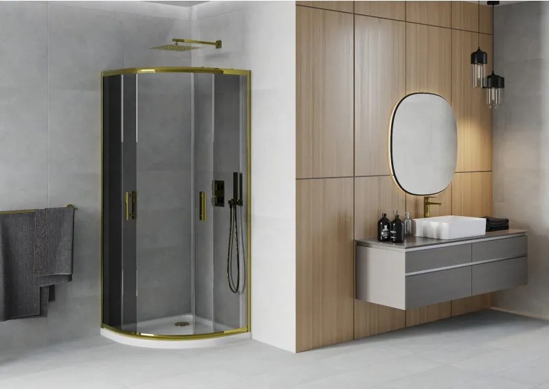 Mexen Rio, čtvrtkruhový sprchový kout s posuvnými dveřmi 90 (dveře) x 90 (dveře) x 190 cm, 5mm šedé sklo, zlatý profil + bílá sprchová vanička SLIM, 863-090-090-50-40-4110G