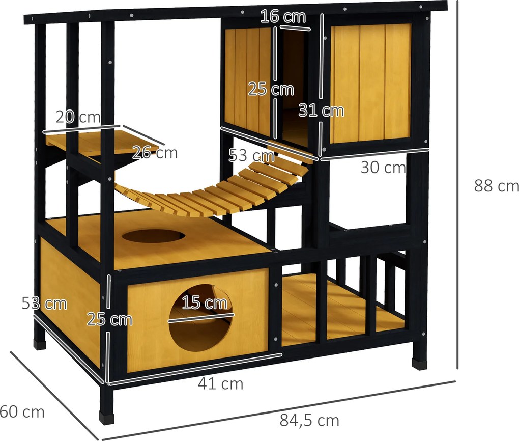 PawHut Dřevěná kočičí bouda - venkovní kočičí jeskyně s visutým mostem, balkonem a platformou, voděodolná střecha, pro 1-2 kočky do 5 kg, žlutá