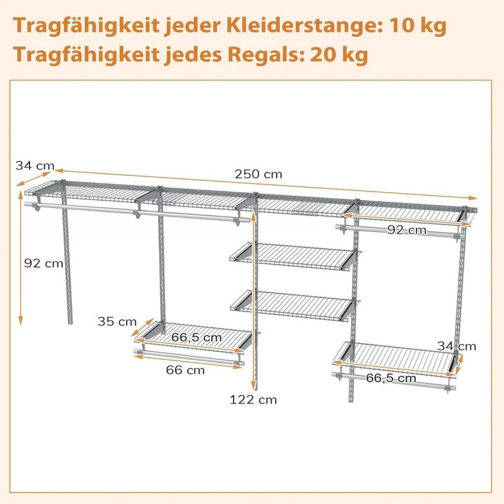 Costway Otevřená šatní skříň 122 - 244 cm Rozšiřitelný nástěnný věšák