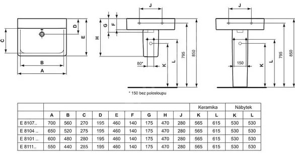 Ideal Standard Connect Umyvadlo 65 cm, s přepadem, bez otvoru pro baterii E810401