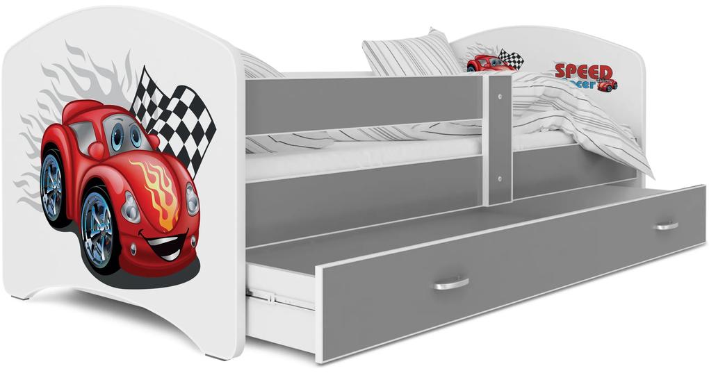 Dětská postel NICO se zábranou a úložným prostorem 180 x 80 cm ČERVENÉ AUTO