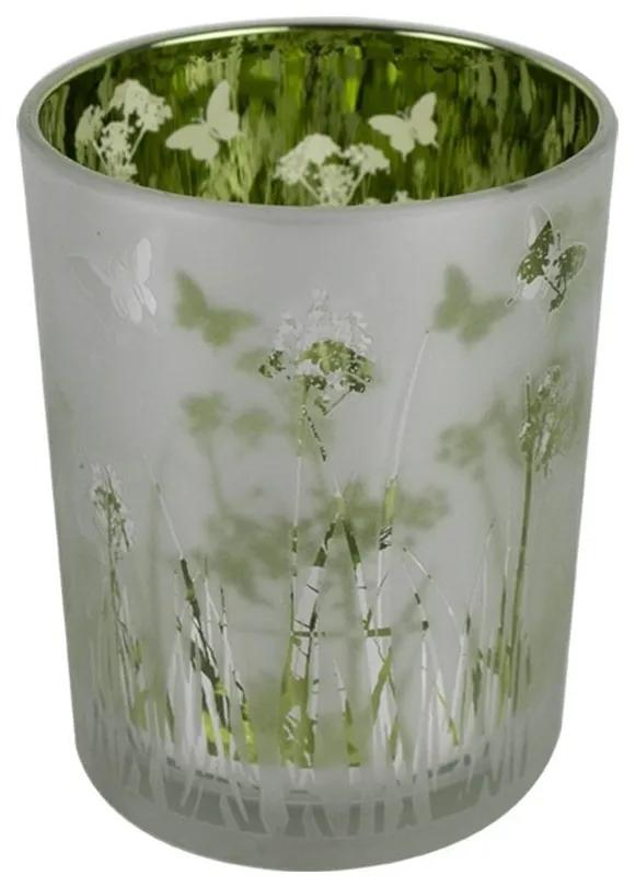 Bílo zelený skleněný svícen s trávou a motýly L - 10*10*12cm