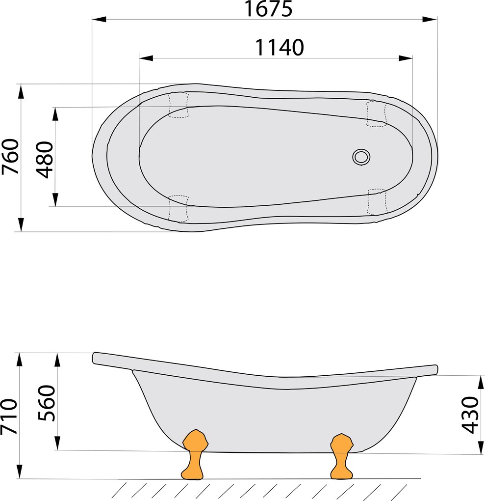 Polysan Polysan, RETRO volně stojící vana 167,5x76x71cm, nohy bronz, bílá, 42132