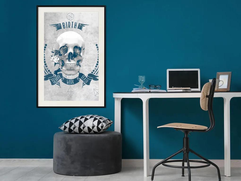 Plakát Život je Krutý - stylový lebka s anglickými texty na šedém pozadí