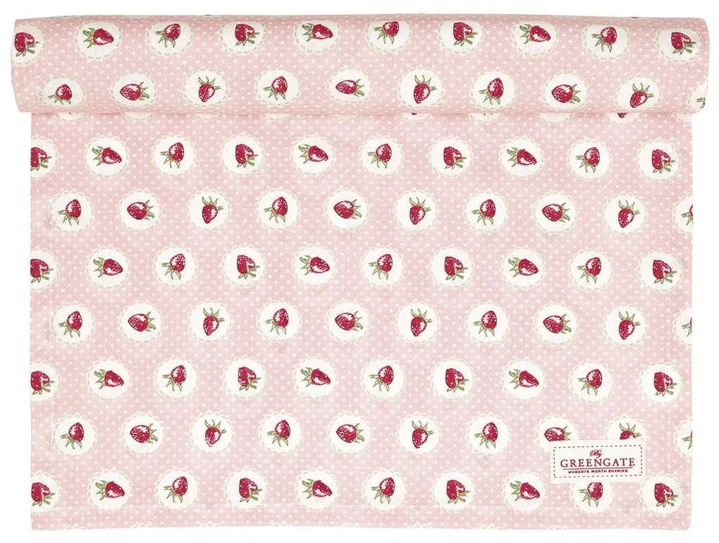 GREEN GATE Běhoun na stůl Strawberry Pale pink 140x45 cm, růžová barva, textil