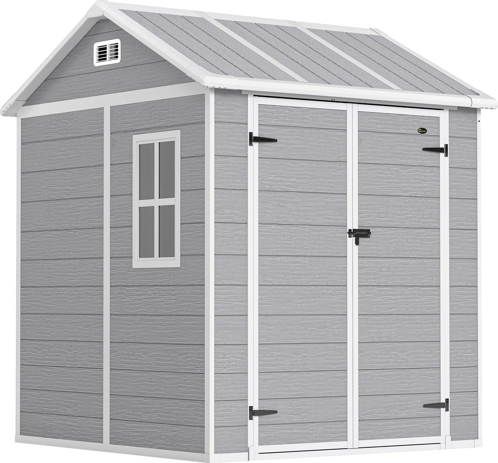 Zahradní kůlna Outsunny s povrchem připomínajícím staré dřevo, 2,91 m², s dvojitými dveřmi a zámkem, šikmou střechou, 181x181x220 cm, šedá