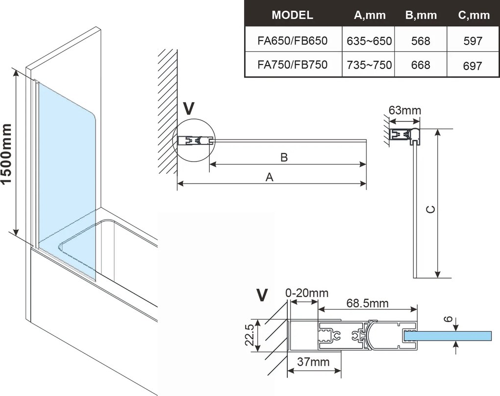 Polysan ROTA vanová zástěna otočná 750 mm chrom čiré sklo FA750