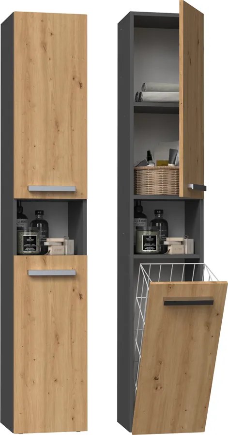 Koupelnový sloupek s košem na prádlo NEL III antracit/dub artisan