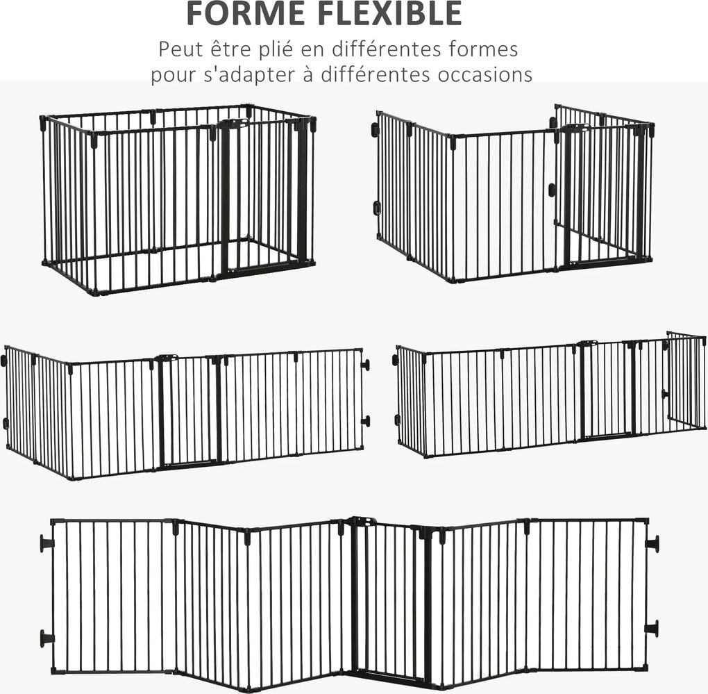 PawHut Bezpečnostní Bariera na Krb Modrý Ochranný Oplocení pro Domácí Zvířata Modulární Skládací 6 Panelů s Dveřmi Bez Vrtání 362,5 x 76 cm Černá