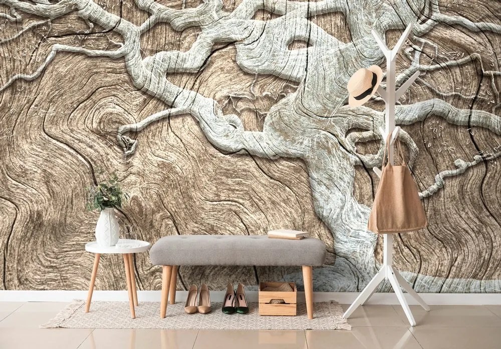 Tapeta abstraktní strom na dřevě v béžovém - 225x150 cm