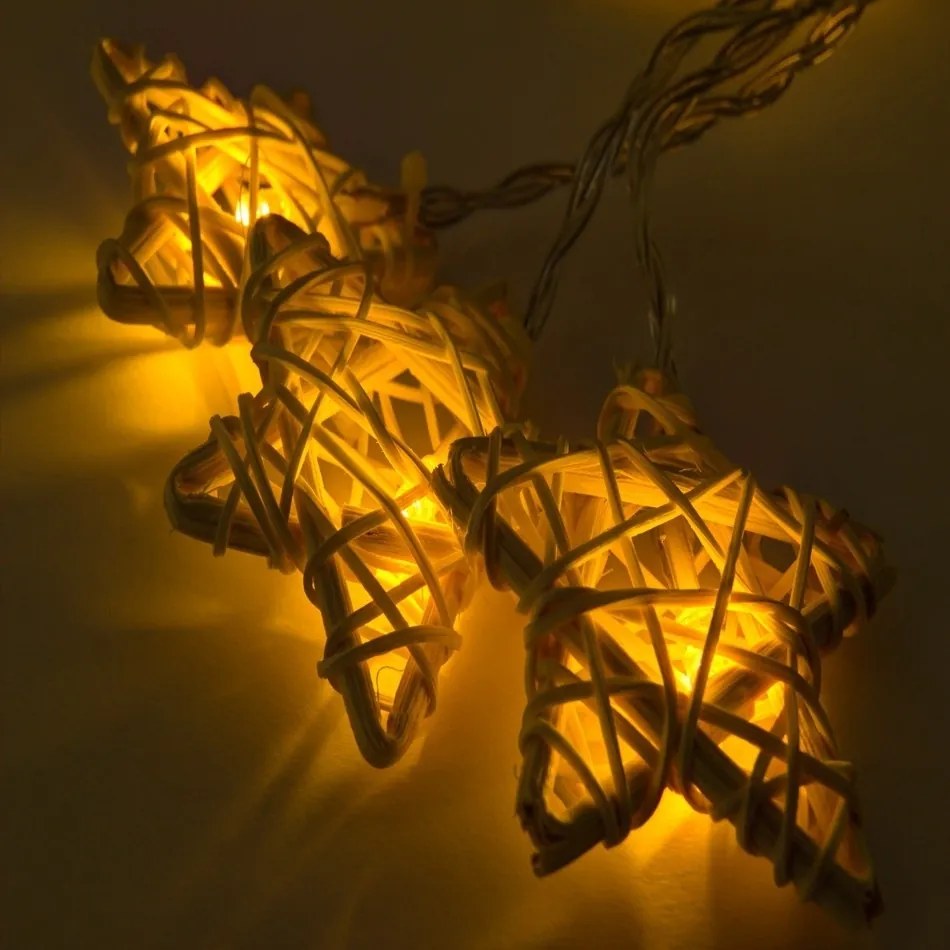 LED světýlka na baterie, ratanové hvězdy, 2,8 m, teple bílá, 10 diod, čirý kabel, IP20 interiér, 3 × AA