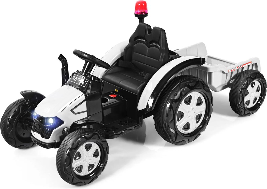 Costway Traktor na hraní s přívěsem pro děti 12 V pojízdný traktor, bílý