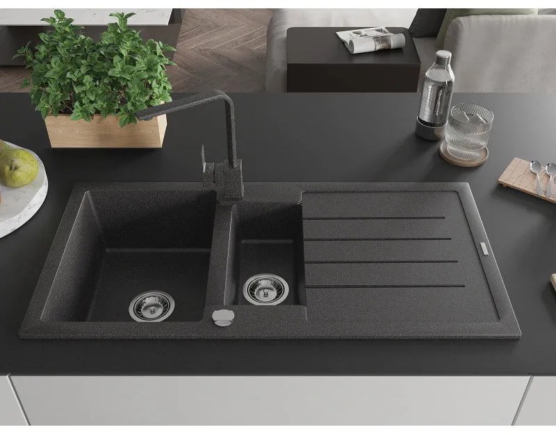 Mexen Andres, granitový dřez 1000x500x200 mm, 1,5-komorový, černá skvrnitá s chromovým sifonem a černá skvrnitá dřezová baterie Rita, 6515-76-670300-76
