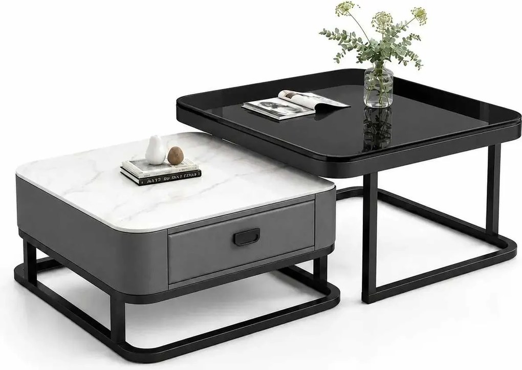 LuxuryForm DESIGN Konferenční stolek ARAGON 70 × 70 / 60 × 60 cm – šedý / bílý mramor + sklo (set 2 ks)