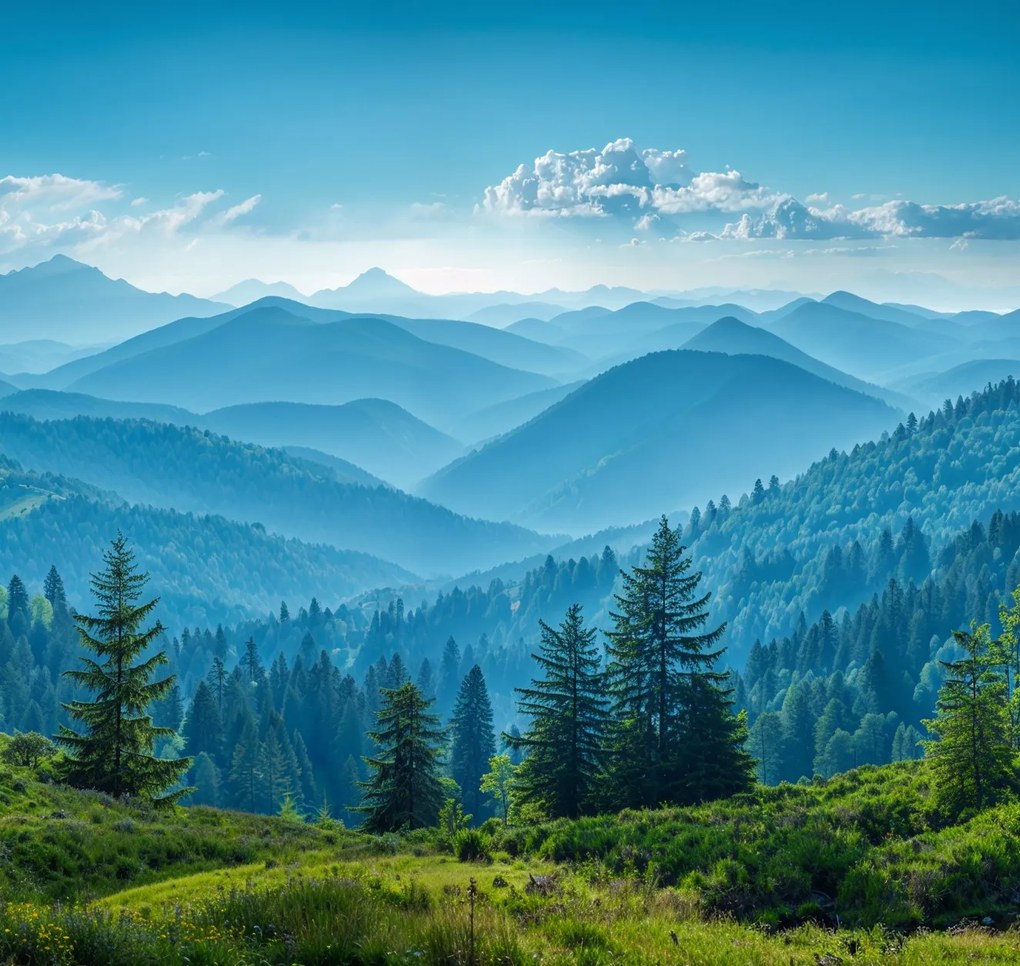 Obraz na plátně - Slunečný den nad horskými hřebeny FeelHappy.cz Velikost obrazu (šířka x výška): 120 x 40 cm