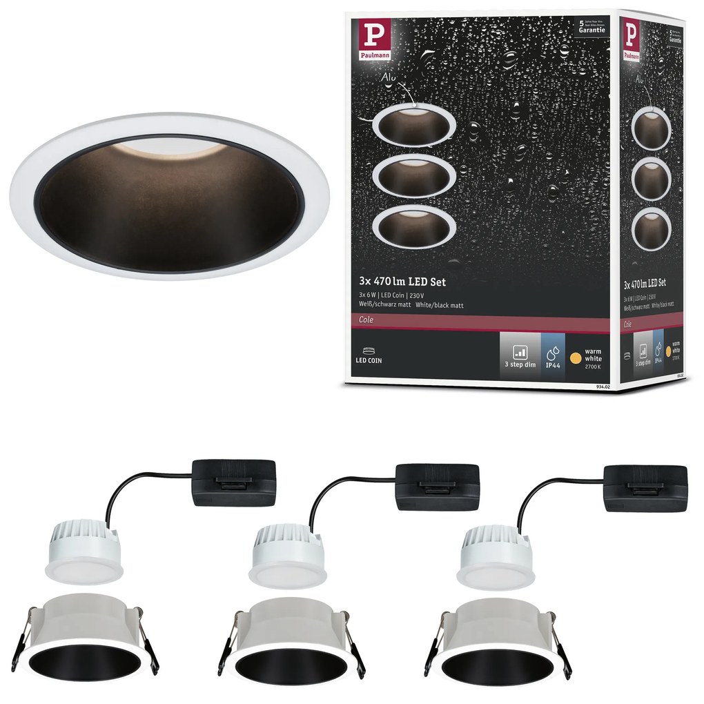 Paulmann Cole Coin, set bodovek v bílo-černé úpravě, 3x6W LED 2700K tříkrokové stmívání, prům. 8,8cm, IP44