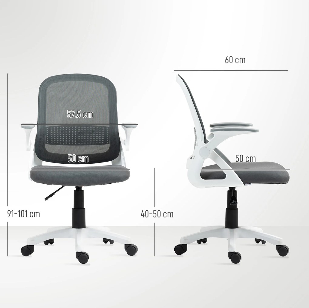 HOMCOM ergonomická síťovaná kancelářská židle se sklápěcími područkami, bederní oporou, výškově nastavitelná otočná židle s náklonem, šedá