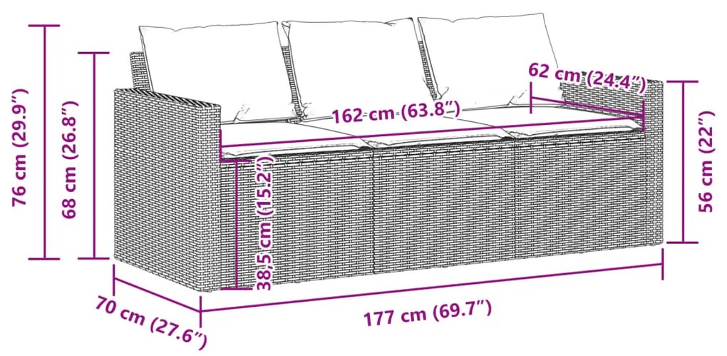 Zahradní pohovka s poduškami 3místná šedá polyratan