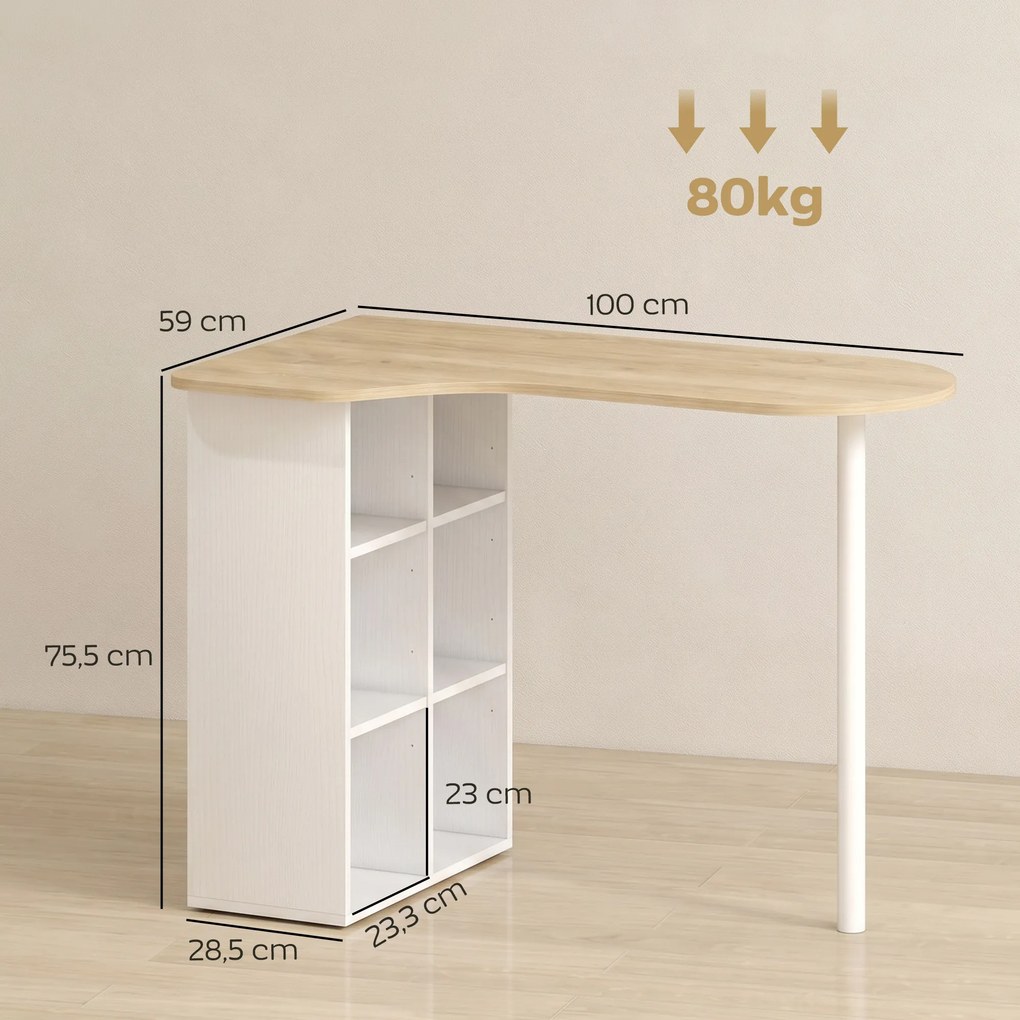 HOMCOM nepravidelný psací stůl 100 x 59 cm se 6 přihrádkami, 4 nastavitelnými policemi a ocelovým rámem, dub