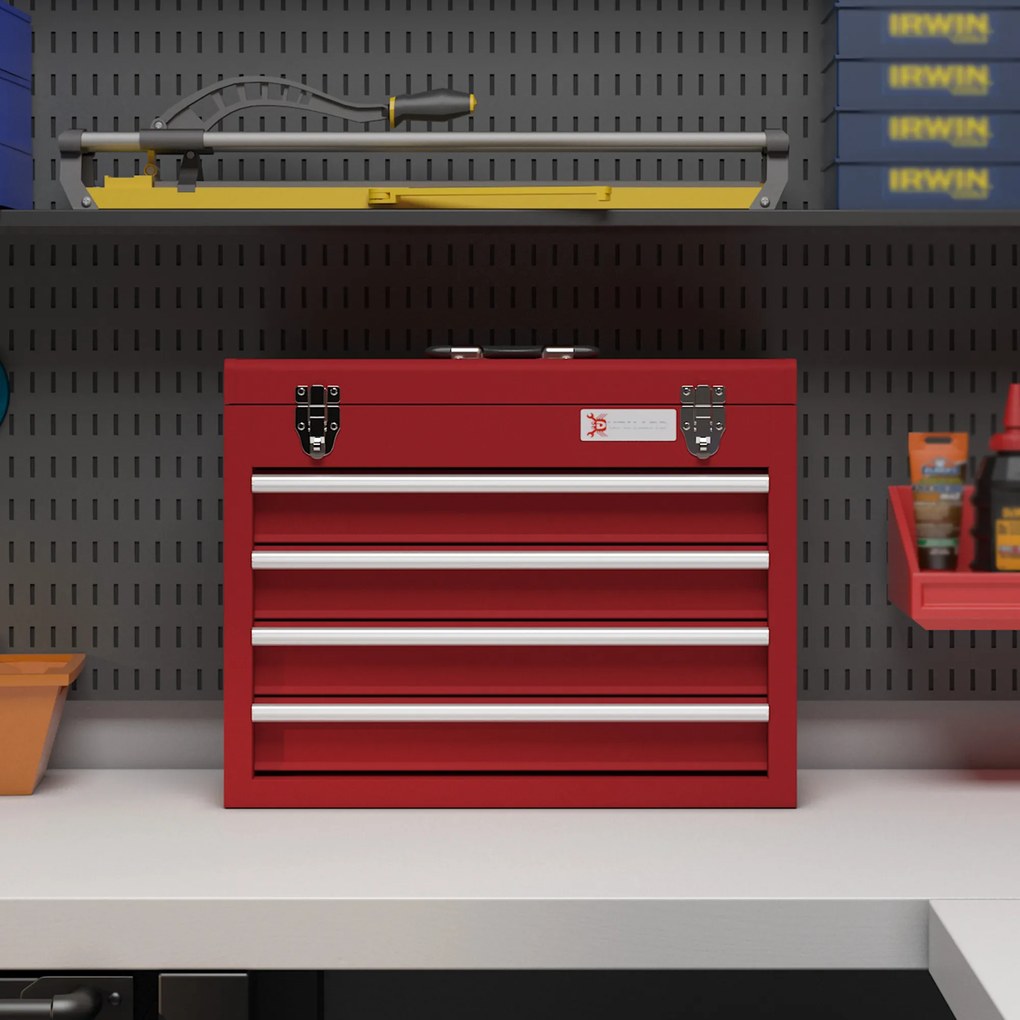 DURHAND box na nářadí prázdný, 51 x 22 x 39,5 cm Box na nářadí se 4 zásuvkami, horní úložný prostor, rukojeť, box na nářadí se zámkem, ocel| Aosom