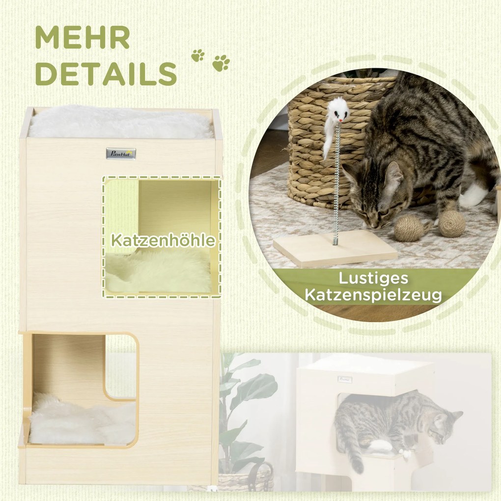 PawHut cat cave třípatrová skříňka pro kočky vnitřní domeček pro kočky s polštáři a hračkami z dubového dřeva 34x34x60 cm pro milovníky koček