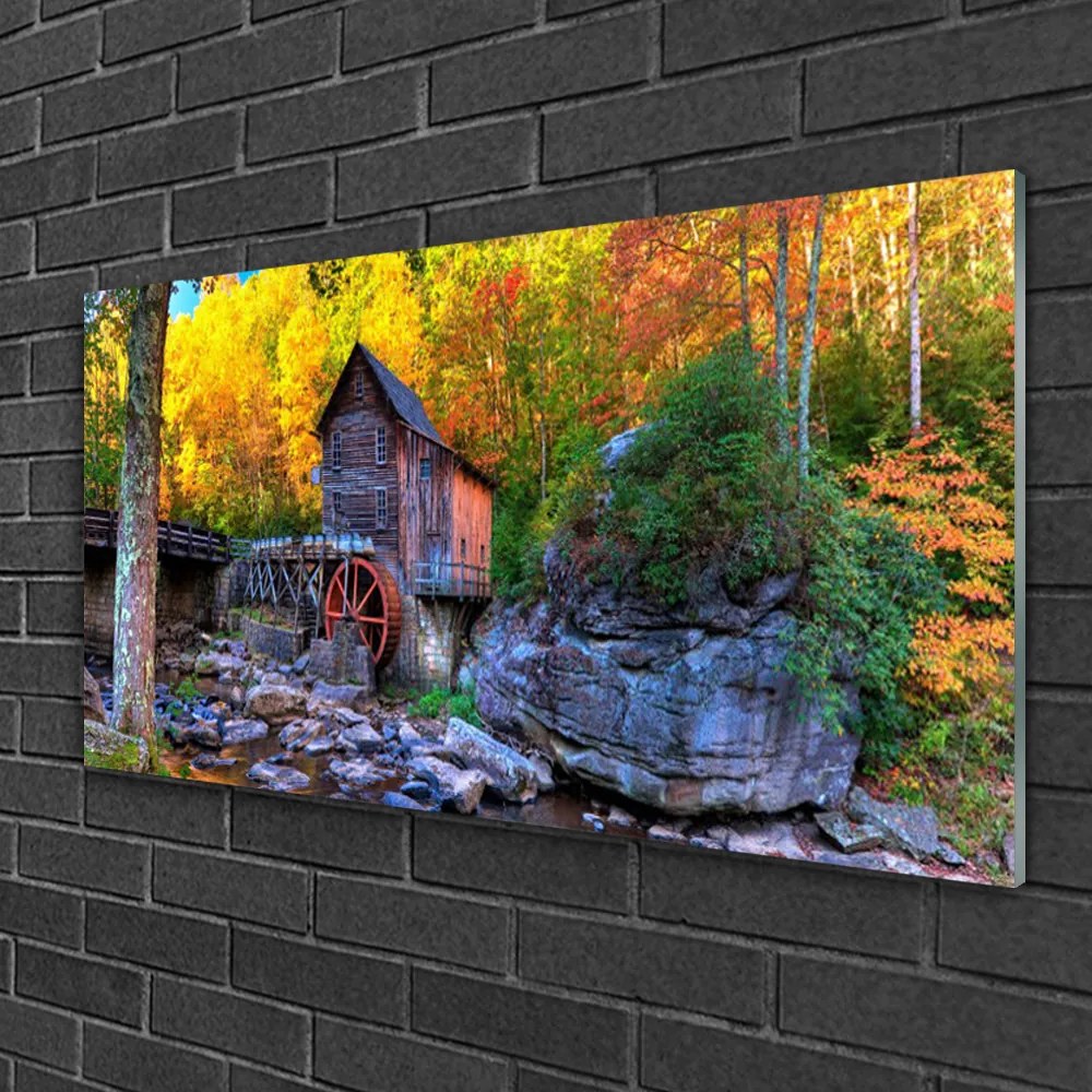 Obraz na skle Vodní Mlýn Podzimní Les 140x70 cm