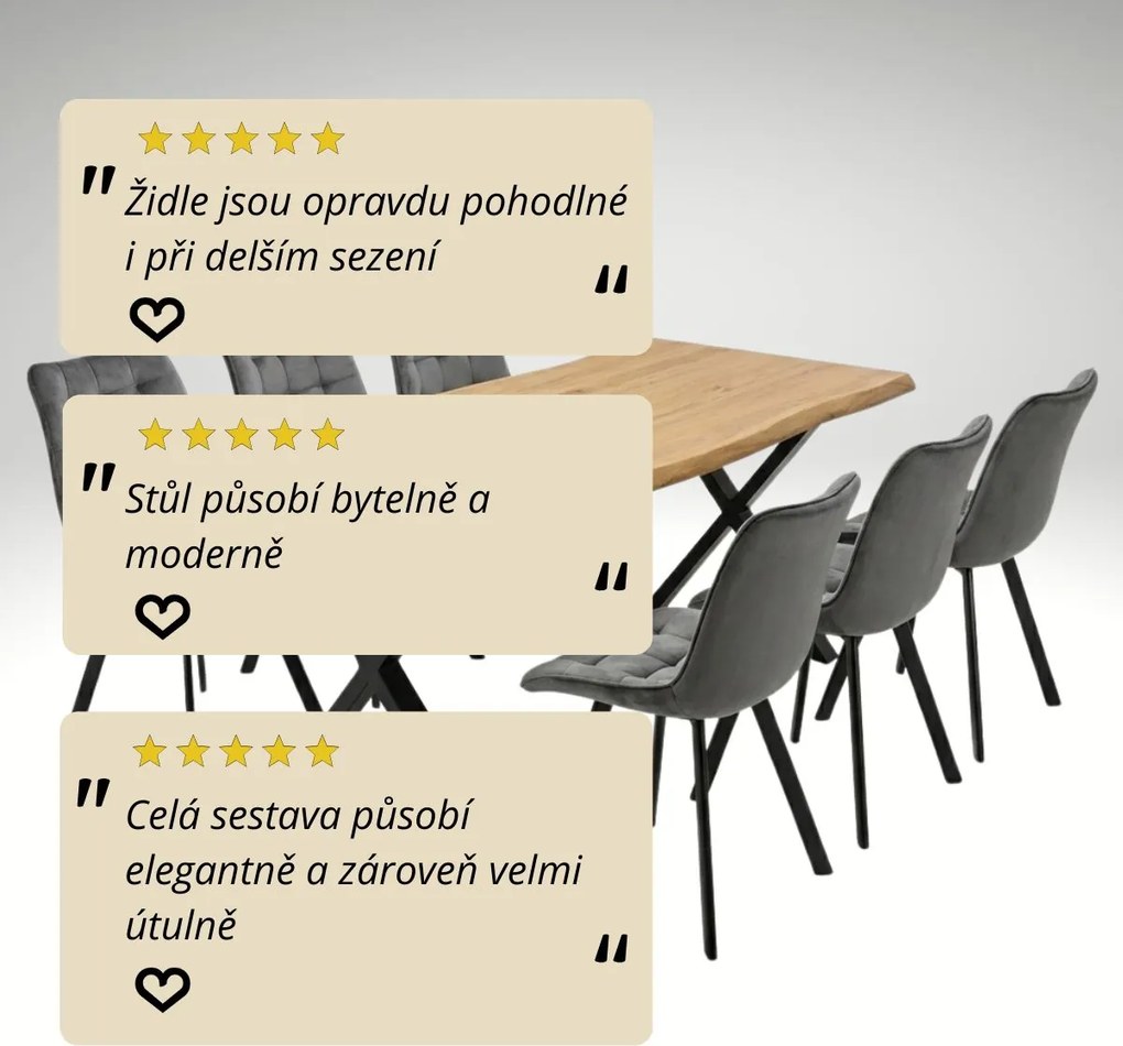 Vikio Jídelní set pro 6 osob 180x90 cm soft dub noha X šedá židle VJS238-6S-S