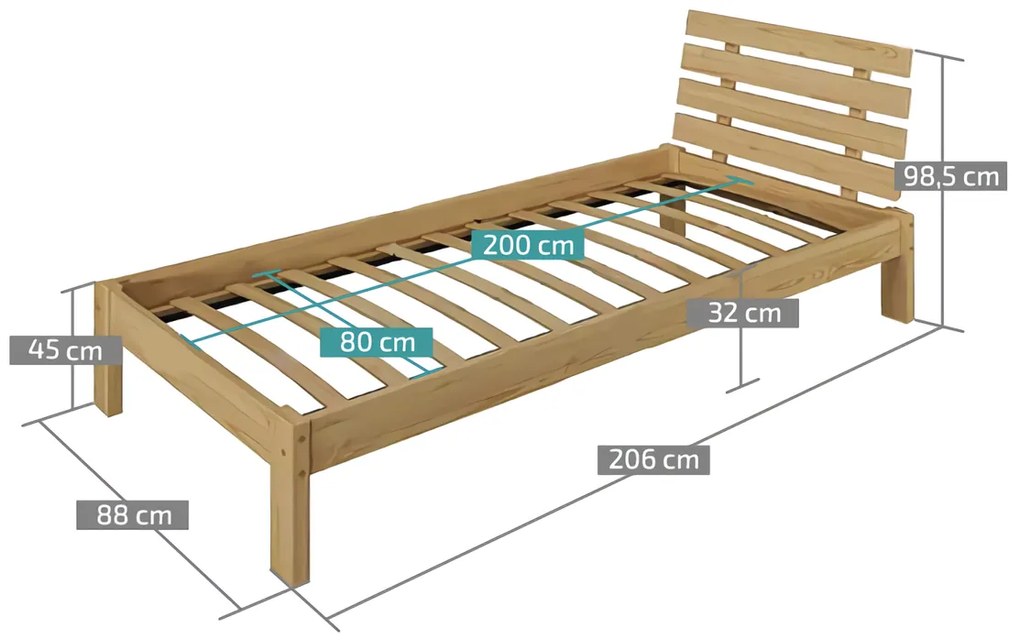 Postel PARIS zvýšená 80 x 200 cm, borovice Rošt: S lamelovým roštem, Matrace: Matrace Sommera 18 cm
