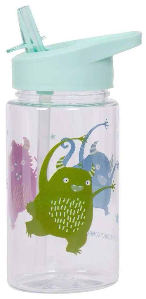 A Little Lovely Company Dětská lahev s brčkem Monsters 450 ml + samolepky, zelená barva, čirá barva, plast