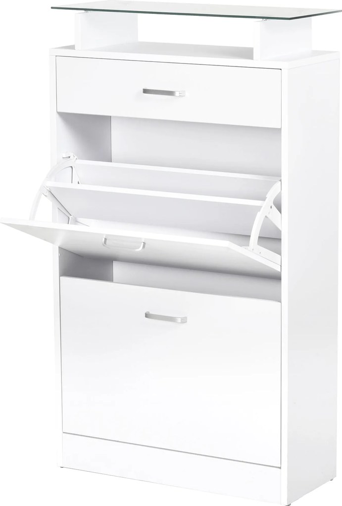 HOMCOM Botník s 3 šuplíky, skleněnou policí a hliníkovými úchyty pro předsíň, nosnost 50 kg, 60x24x105,5 cm, bílý