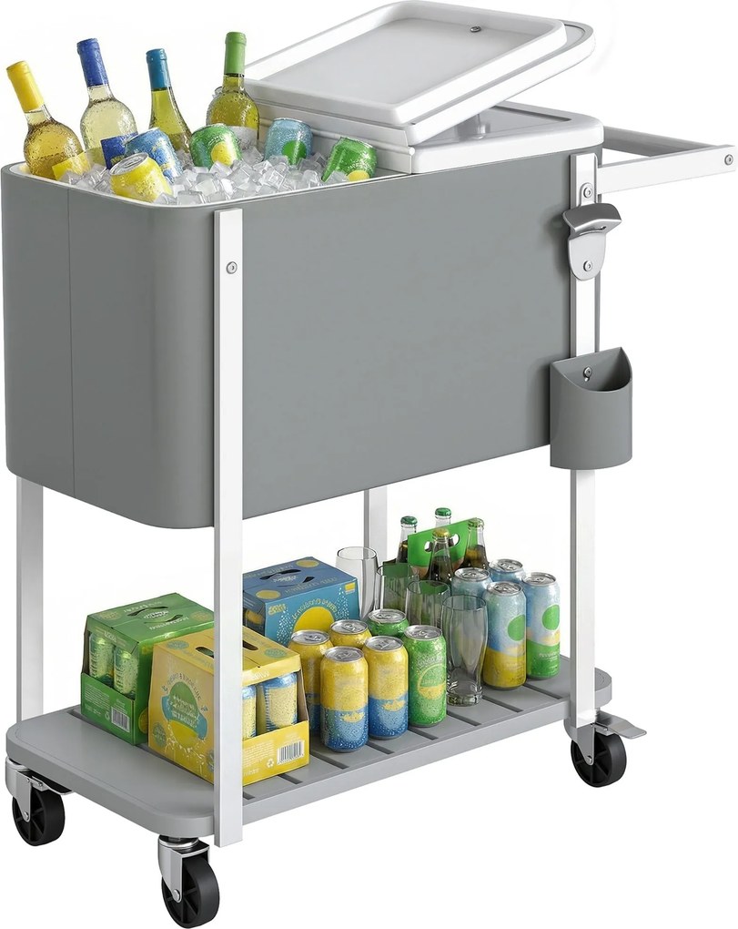 Outsunny chladicí vozík 56 l na kolečkách s policí, otvíráčem a vypouštěním — venkovní párty chladnička, 84 × 38 × 83 cm, šedá