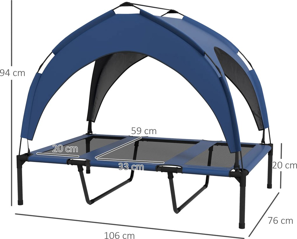 Pelíšek pro psy Venkovní pelíšek pro psy, odolný proti povětrnostním vlivům, zvýšený rám, 106 x 76 x 94 cm, tmavě modrý