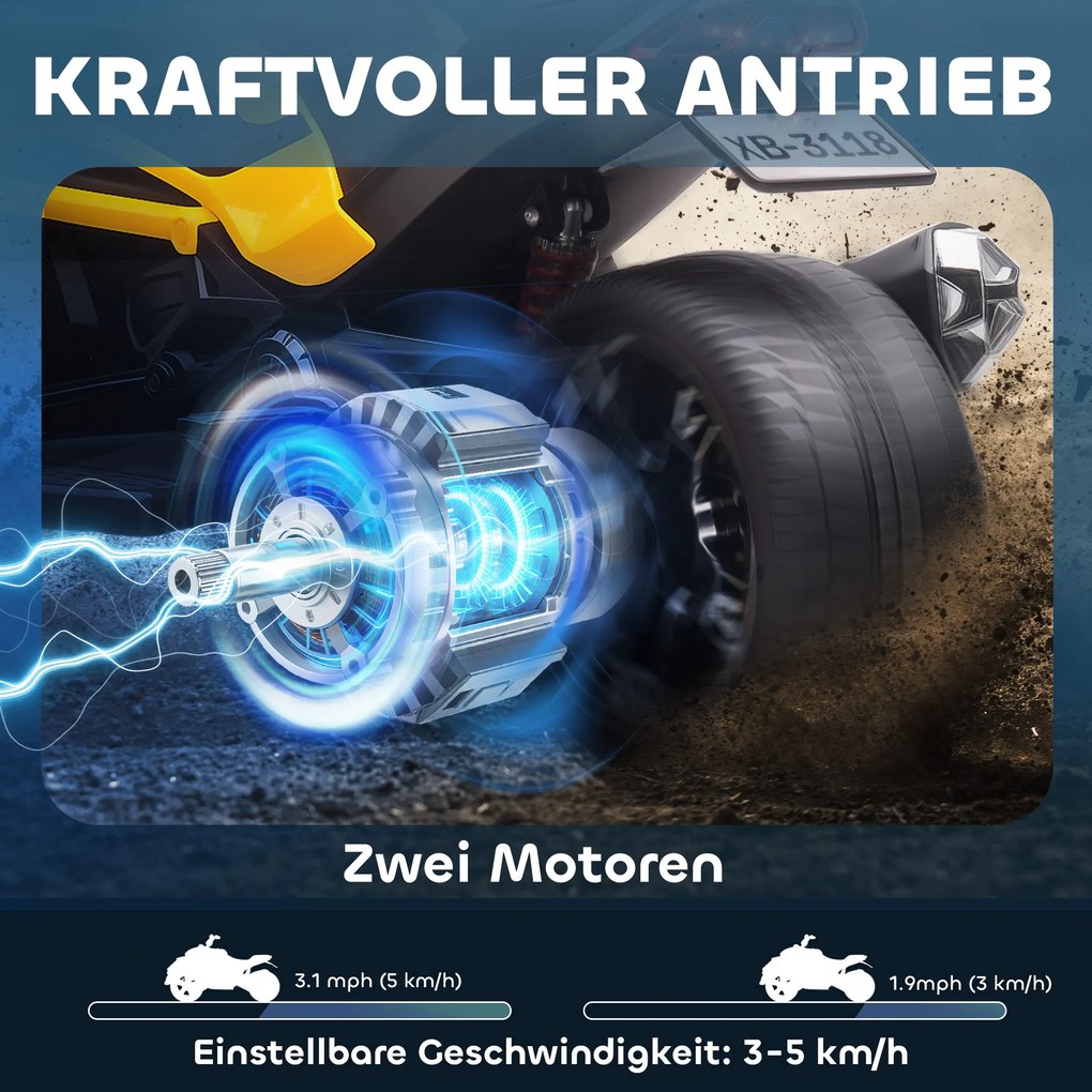 Qaba Elektrické dětské vozidlo, design tříkolky s reverzem, bateriové, MP3 přehrávač, klakson, 2 rychlosti, LED světla, 3-8 let, Žlutá