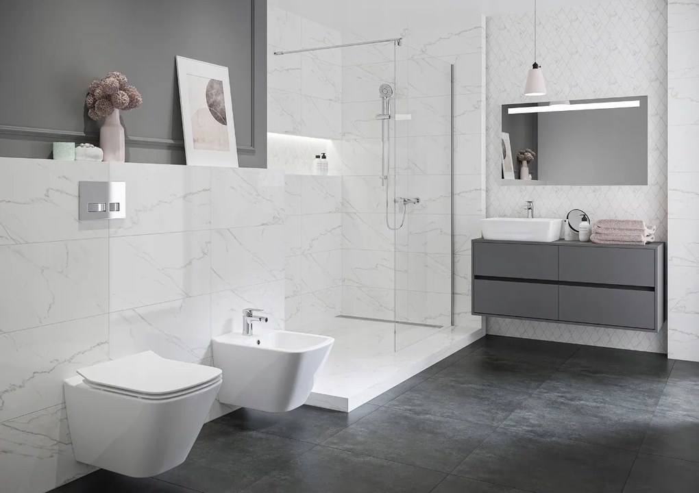 Cersanit City, System50 PNEU podomítkový rám + závěsná wc mísa City Square CleanOn + černé tlačítko Circle, S701-777