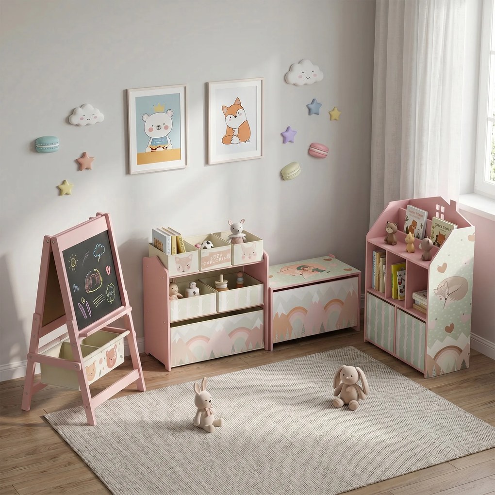 Dětský regál Dětský regál se 2 látkovými zásuvkami otevřený Regál pro 3-8 let 62,5x30x91,5 cm Růžový