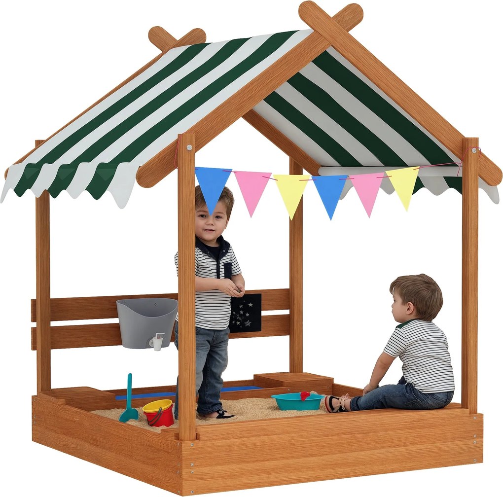 Pískoviště Outsunny s Krytem, Dřevěné Pískoviště s Sedací Zónou, Hrací Domeček, 124 x 116 x 146 cm Pískoviště s Tabulí pro Děti ve Věku 3-7 Let, Zahra