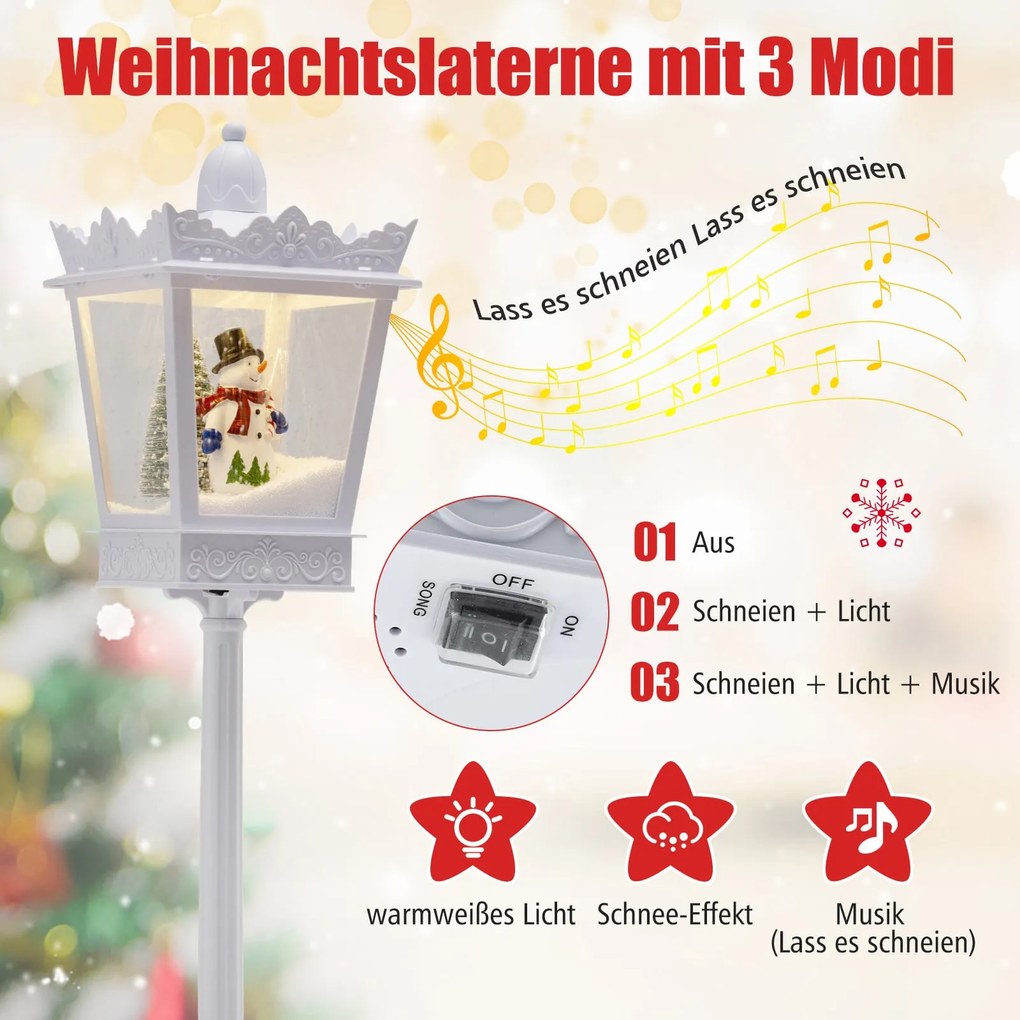 Costway Svítící vánoční lucerna 185 cm s hudbou a sněžením, bílá