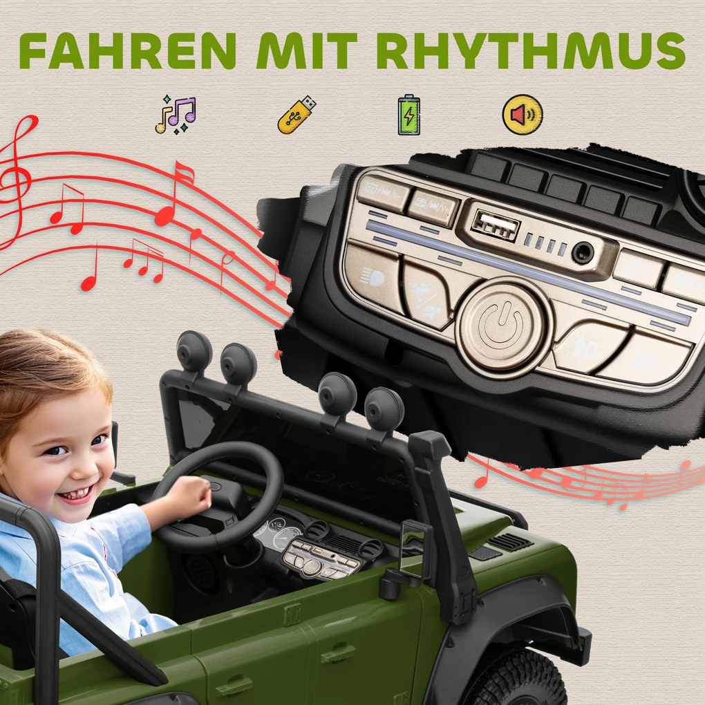 AIYAPLAY Dětské elektrické auto, 12V bateriový pohon, dálkové ovládání, hudební funkce, klakson, LED světla, zelená