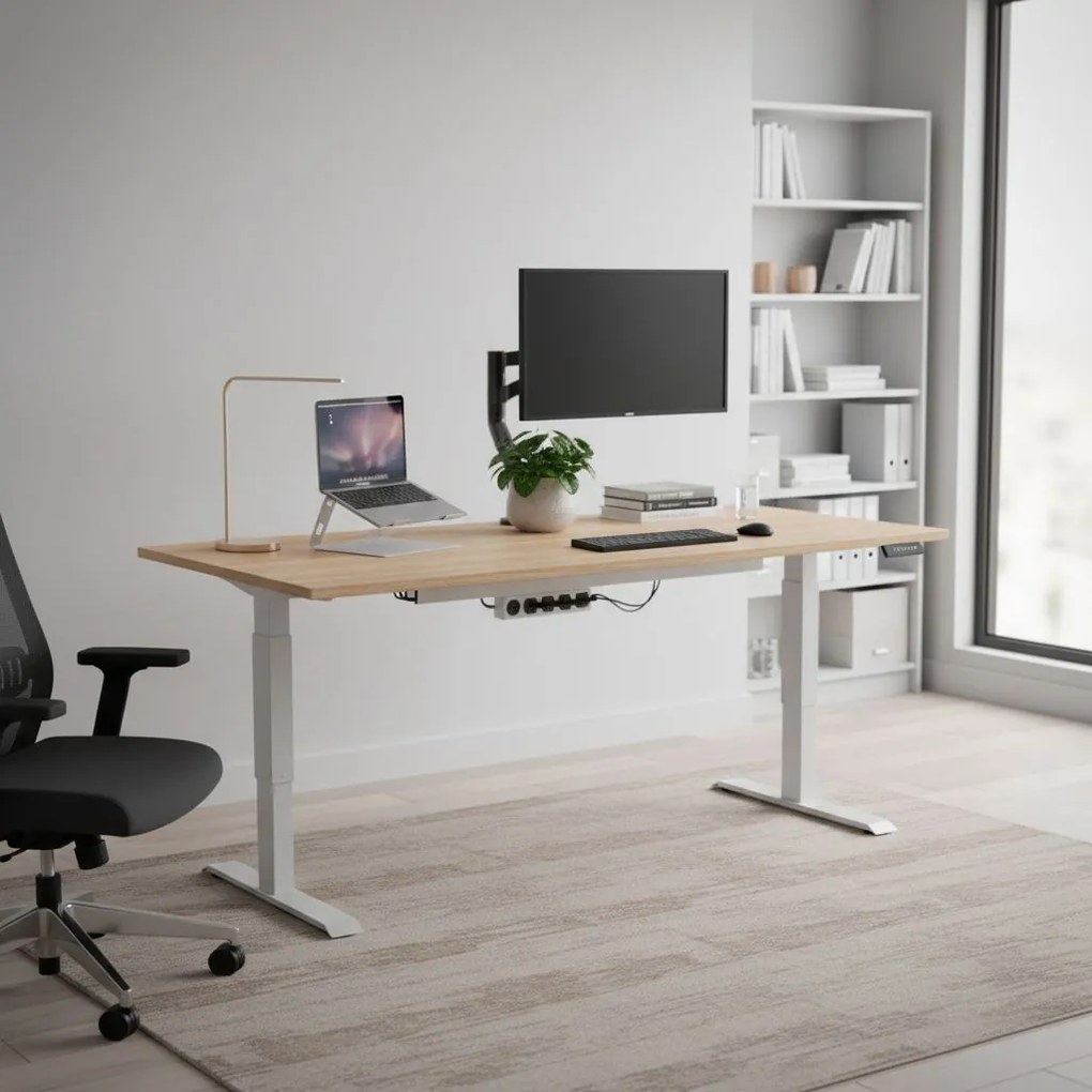 Výškově nastavitelný stůl OfficeTech D, 200 x 80 cm, šedá podnož, dub kamenný