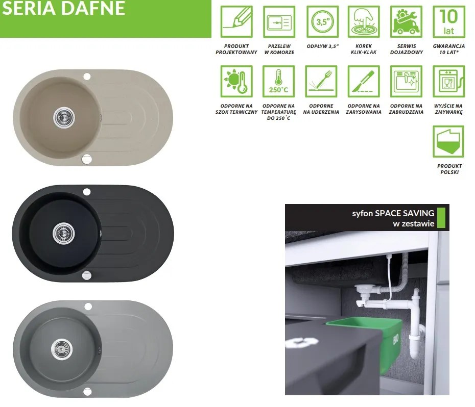 Laveo Dafne, 1-komorový granitový dřez 780x470x204 mm, černá, LAV-SBD_781T