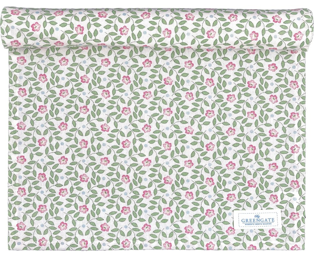 GREEN GATE Bavlněný běhoun Lotta White 140 x 45 cm, zelená barva, textil