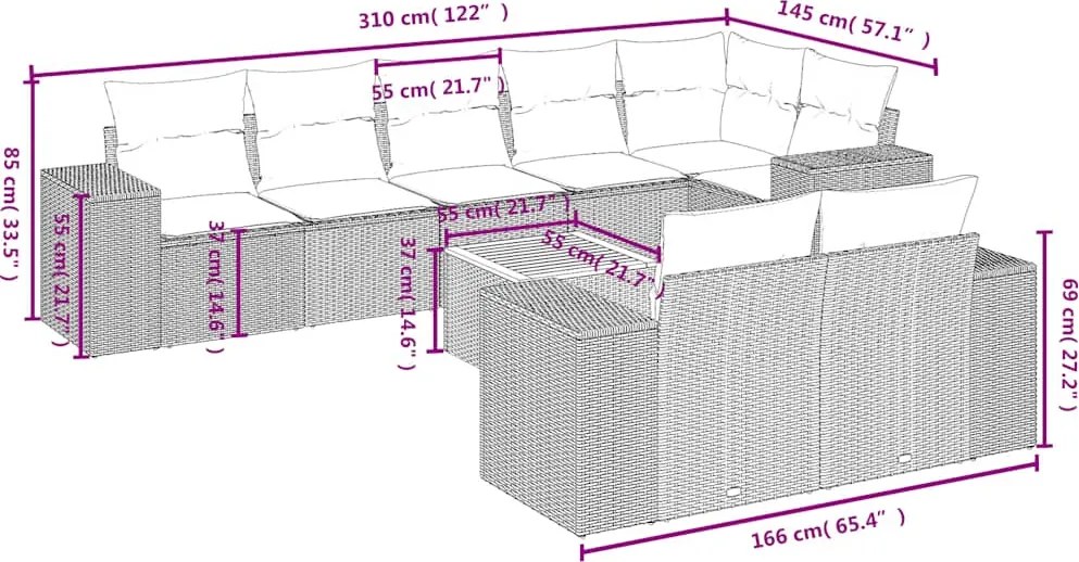 9dílná zahradní sedací souprava s poduškami černá polyratan 3257861