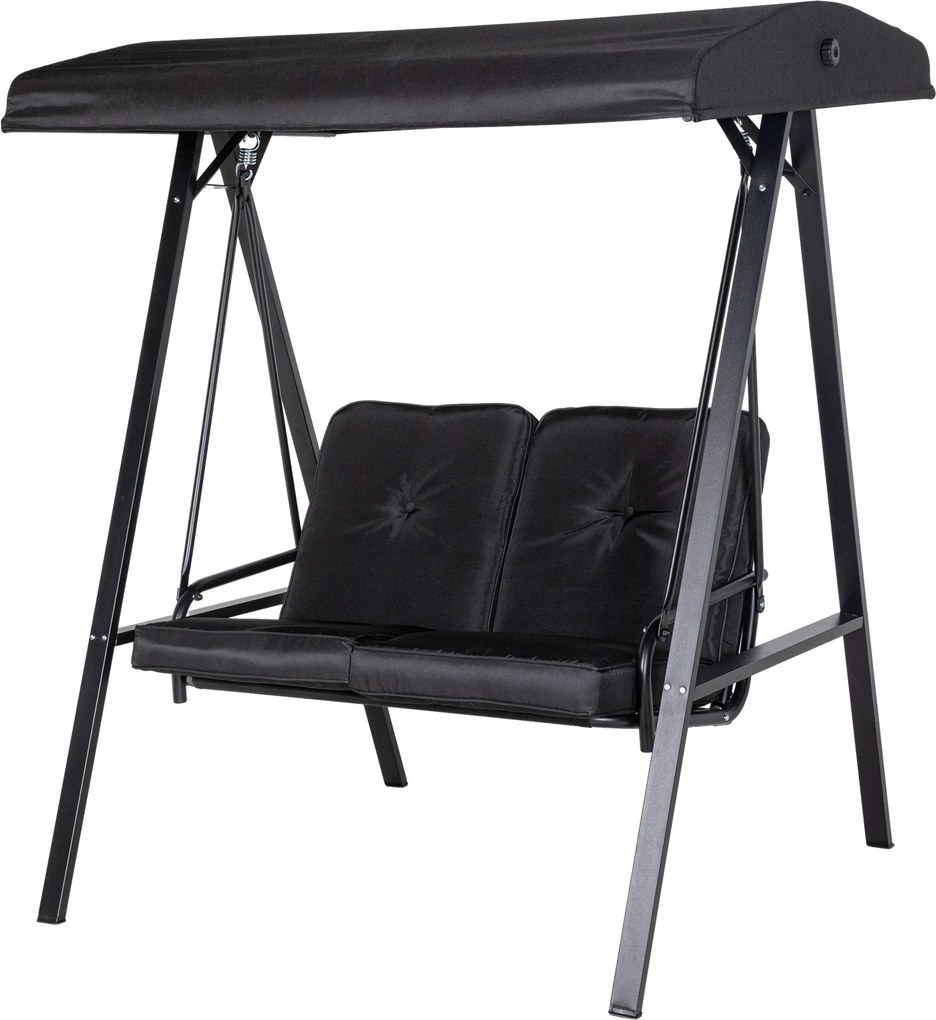 Outsunny Hollywoodské houpací křeslo pro 2 osoby s nastavitelnou slunečník a polštáři, nosnost až 220 kg, pro zahradu, balkon, černá, 145 x 116 x 172