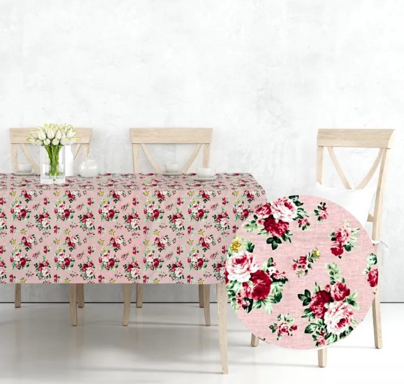 Ervi bavlněný ubrus na stůl čtvercový - růžičky na růžovém