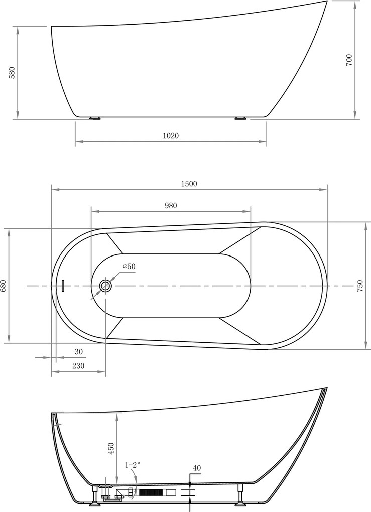 Aqualine, TISA volně stojící vana 150x75 cm, bílá, E1575