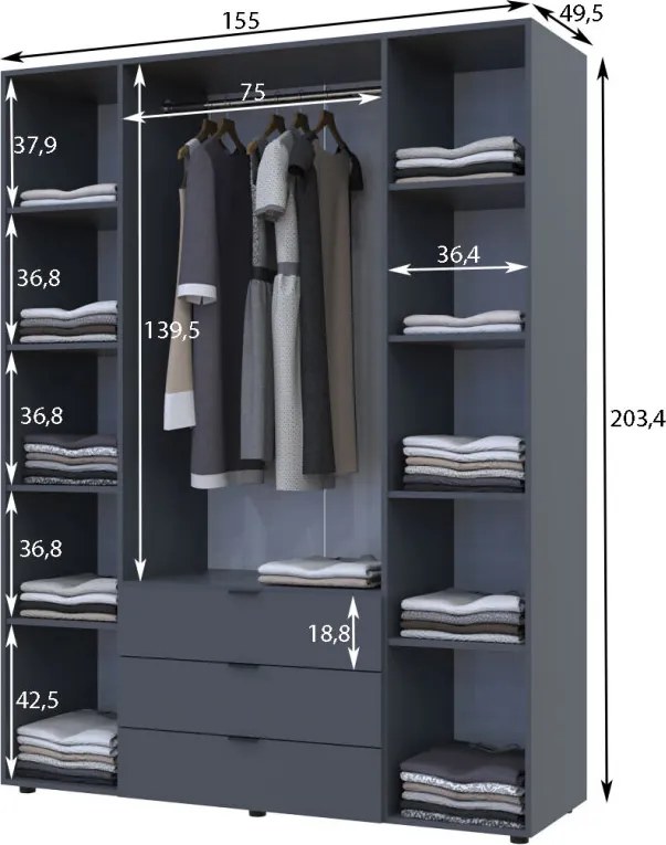 Skříň čtyřdveřová Gelar 155 cm Grafit