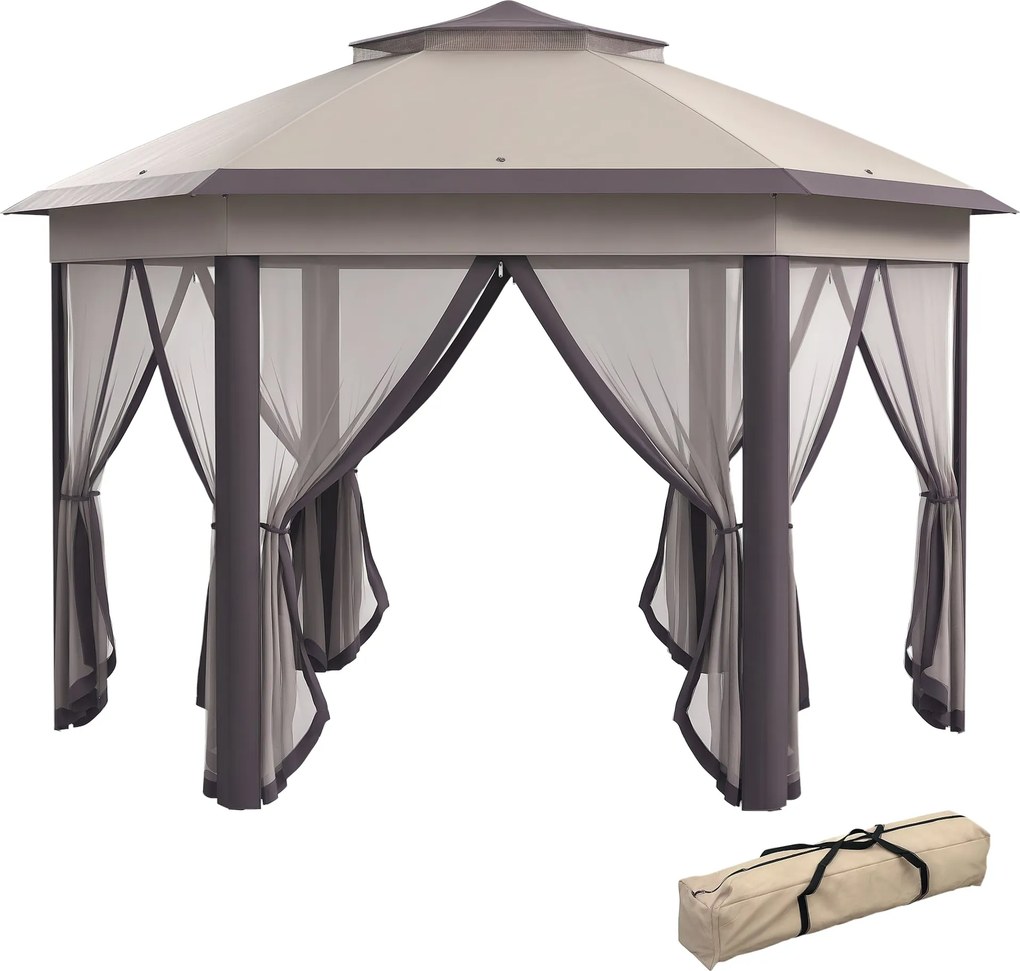 Outsunny Pavilon 4x4m Voděodolný Skládací Pavilon v Hexagonálním Designu, Dvojitá Střecha, Zahradní Pavilon se 6 Bočními Panely, Party Stan včetně Pře