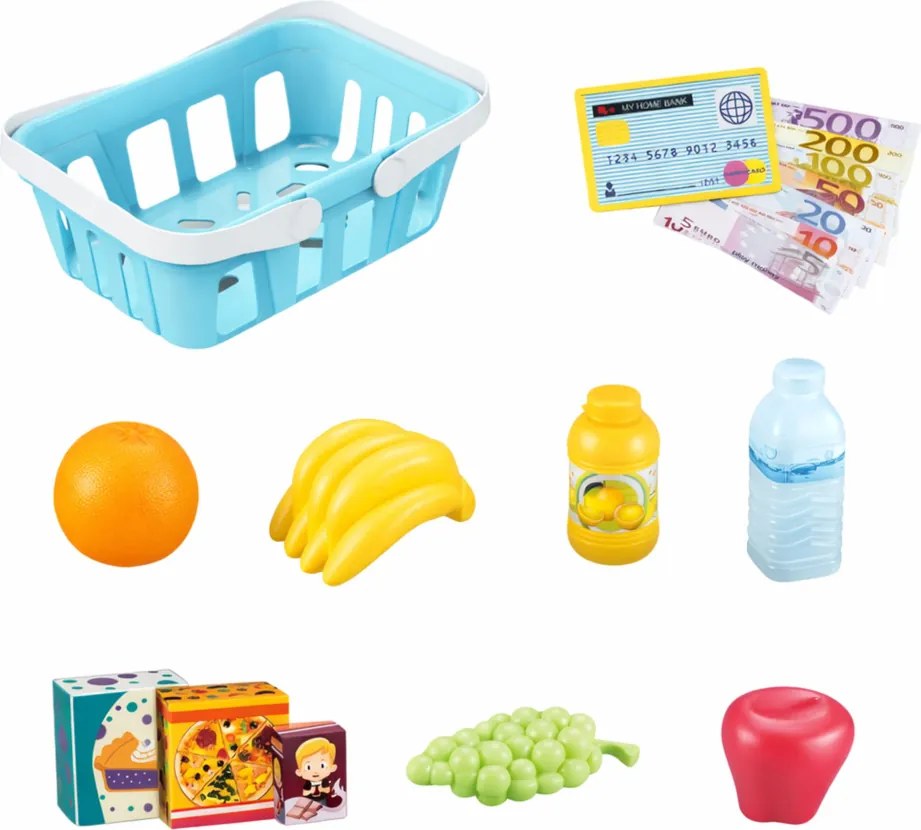 LEAN Toys Interaktivní pokladna v obchodě, skener, nákupní košík, potraviny, světla, zvuky