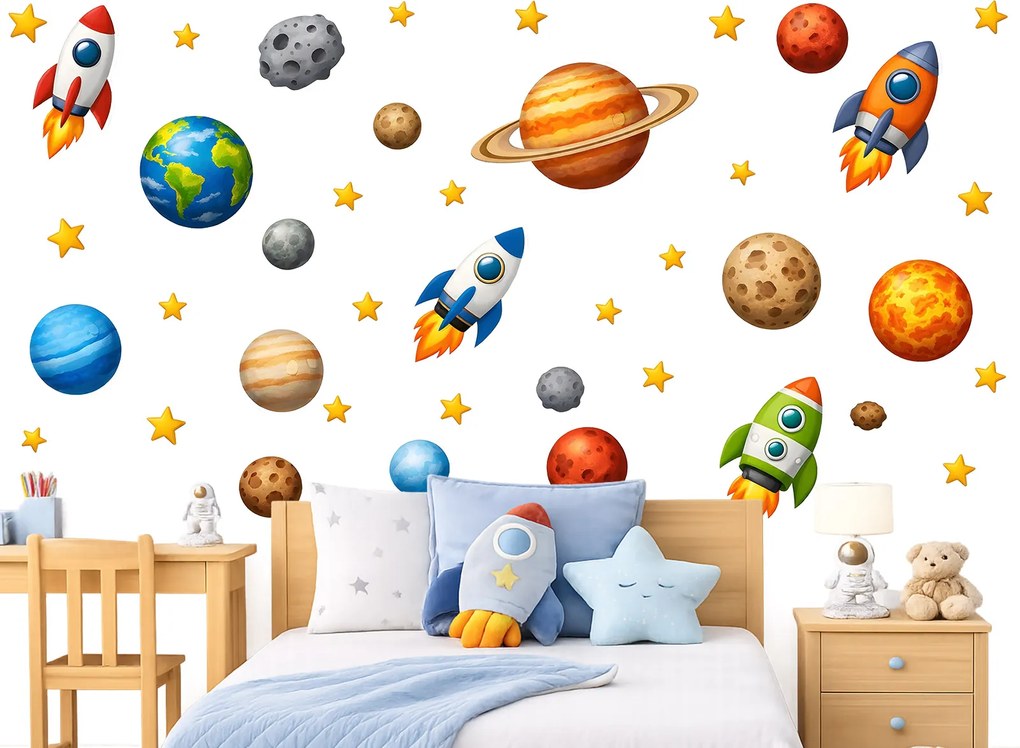 Rakety a planetky textilní přelepitelné samolepky na zeď arch 46 x 33 cm
