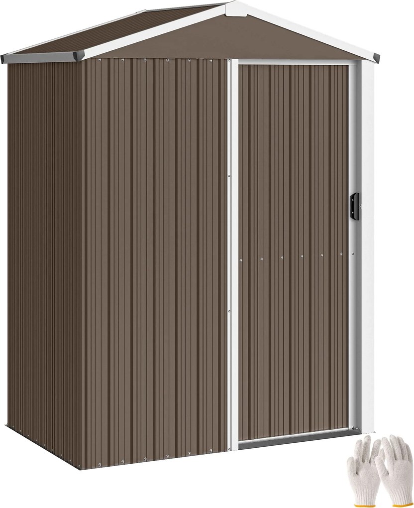 Outsunny kovová zahradní kůlna — 1,18 m² (136 × 87 × 179 cm), posuvné dveře, šikmá střecha, včetně rukavic, hnědá | Aosom